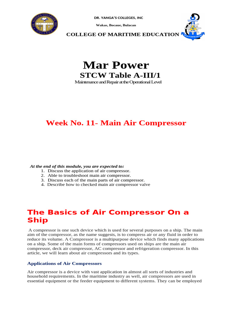 Main Air Compressor Basics for Ships | PDF | Piston | Pump