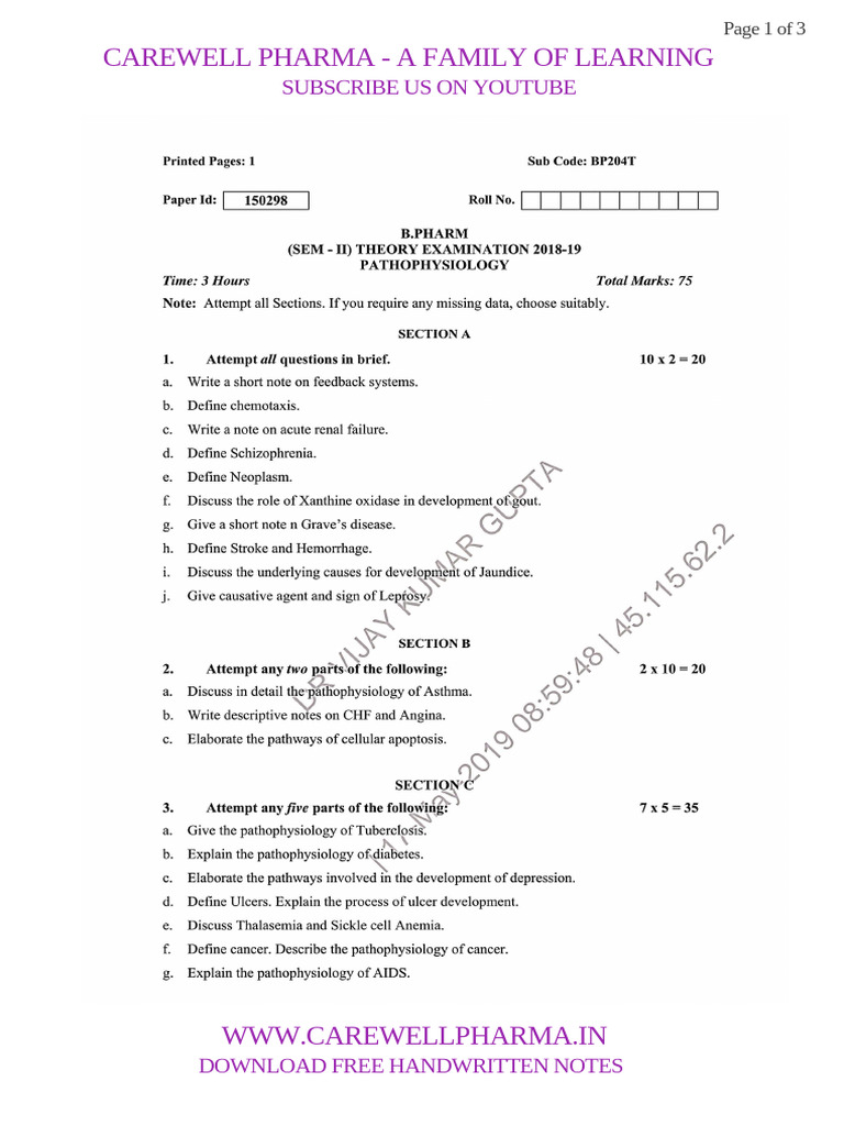 Pathophysiology, 2nd Sem, AKTU Previous Year Question Paper, Carewell Pharma | PDF