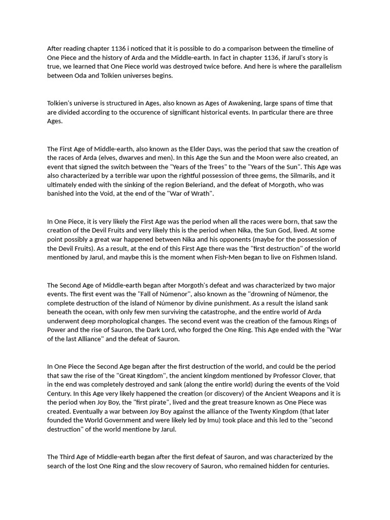 One Piece and Arda Timeline Comparisons | PDF | Middle Earth | High ...