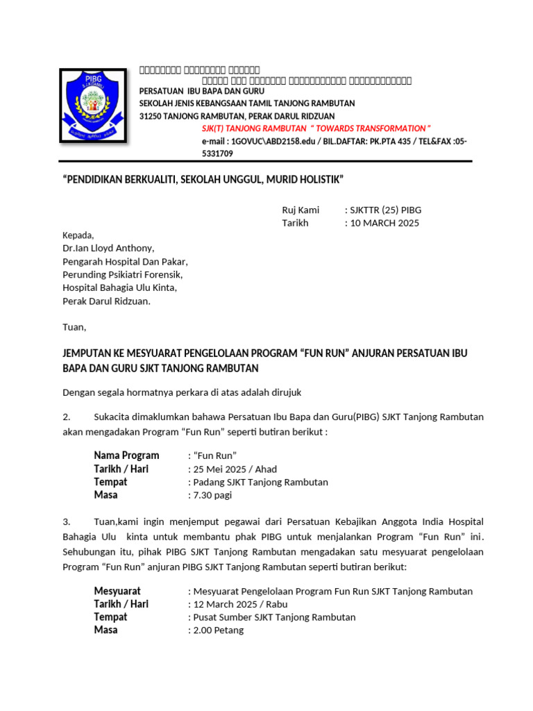 Surat Jemputan Mesyuarat Pengeloaan Fun Run Hpspital Bahagia | PDF