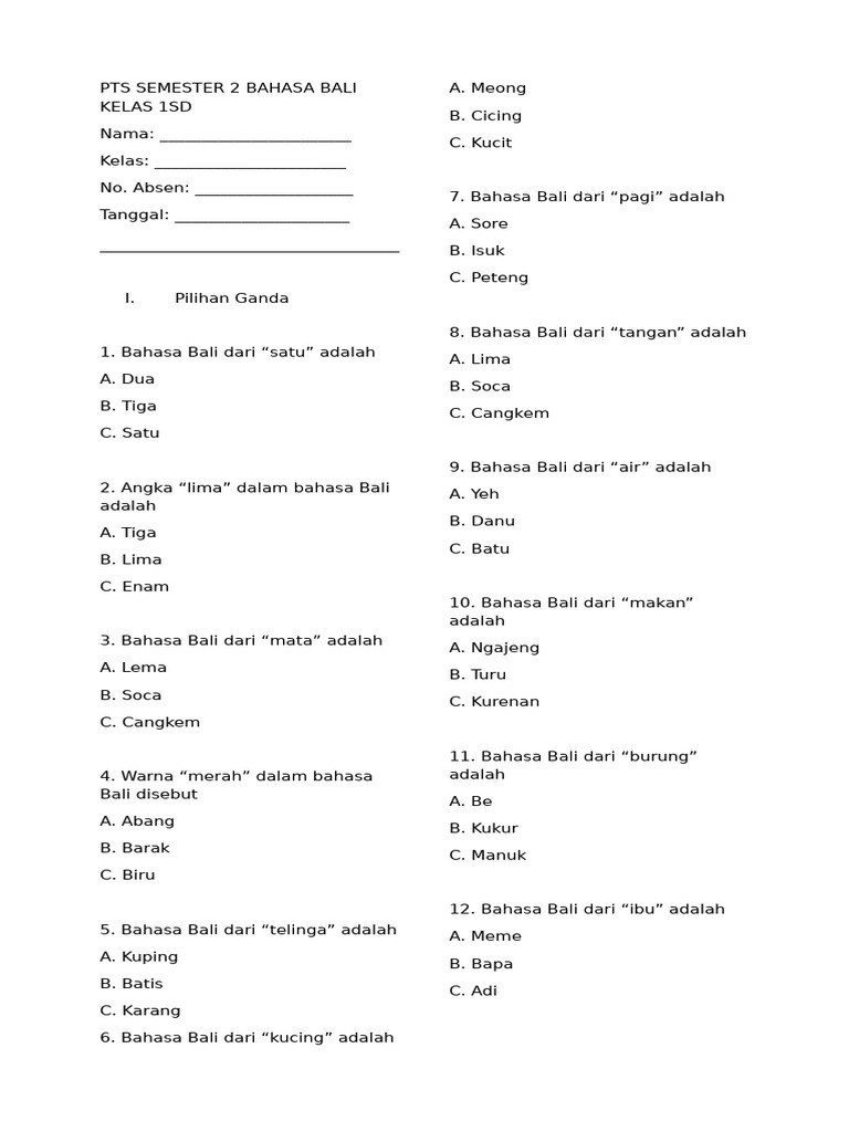 Kuis Bahasa Bali Kelas 1 SD | PDF