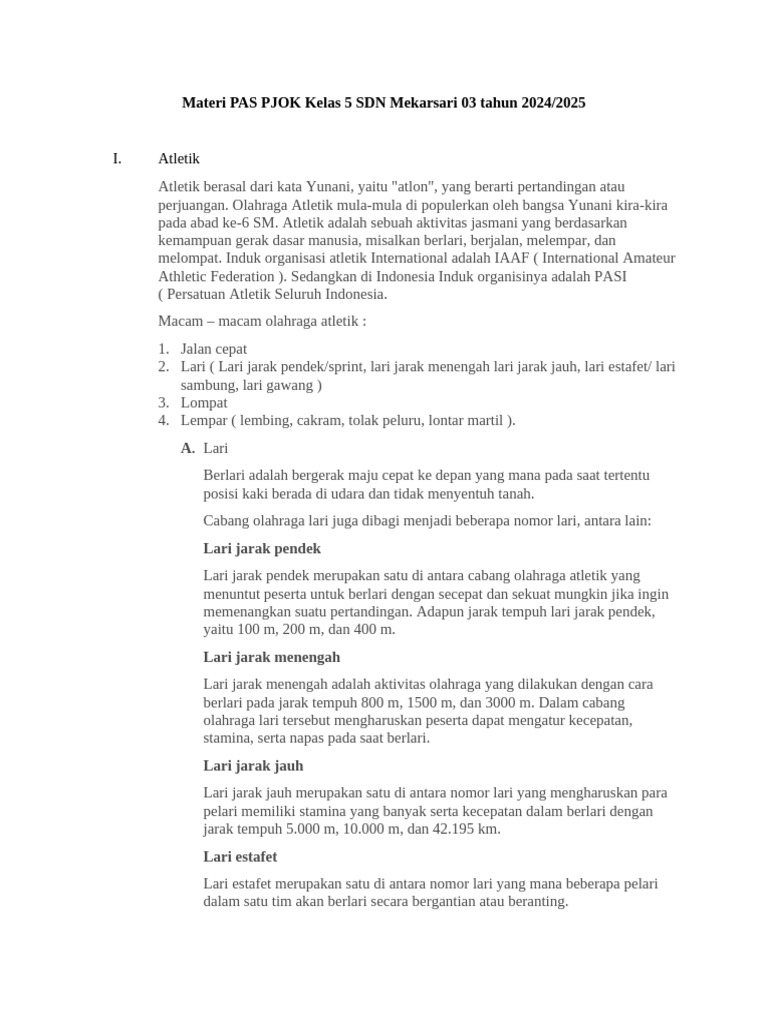 Materi PAS PJOK Kelas 5 SDN Mekarsari 03 Tahun 2024 | PDF