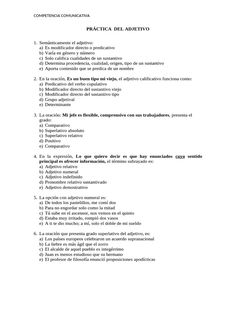 Práctica de Adjetivos en Español | PDF | Adjetivo | Oración (Lingüística)