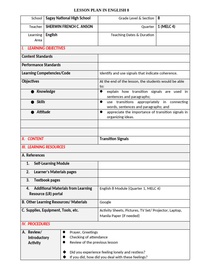 English 8 Lesson Plan: Transition Signals | PDF | Learning