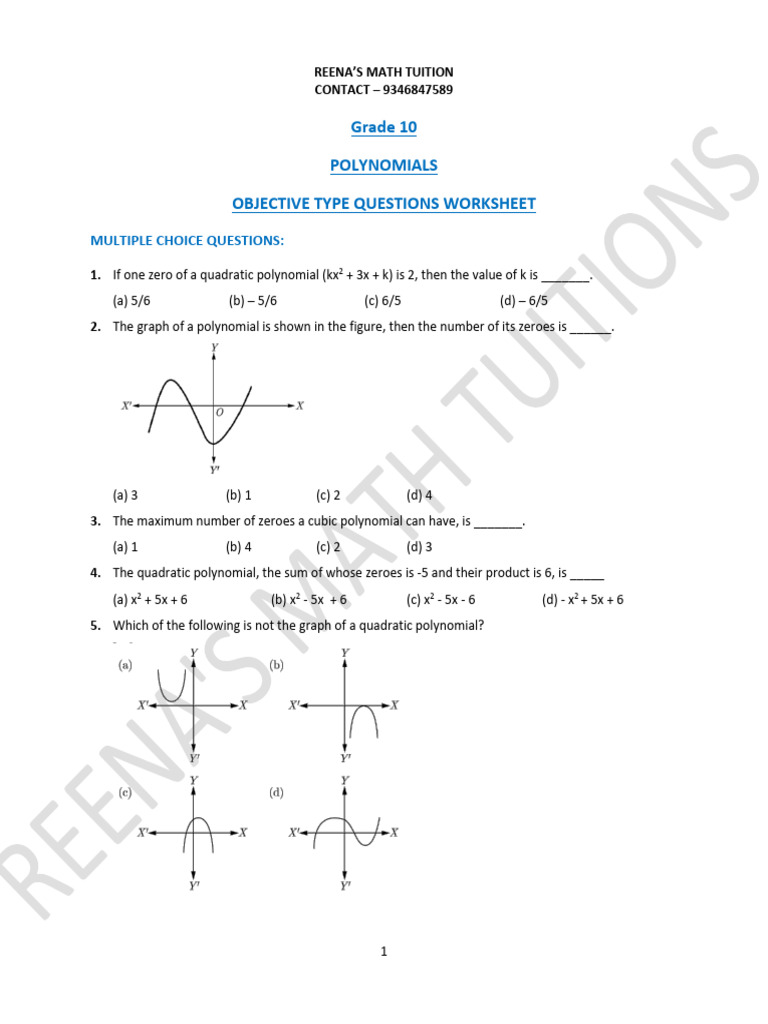 2 Polynomials Objective WS CBSE | PDF | Polynomial | Zero Of A Function