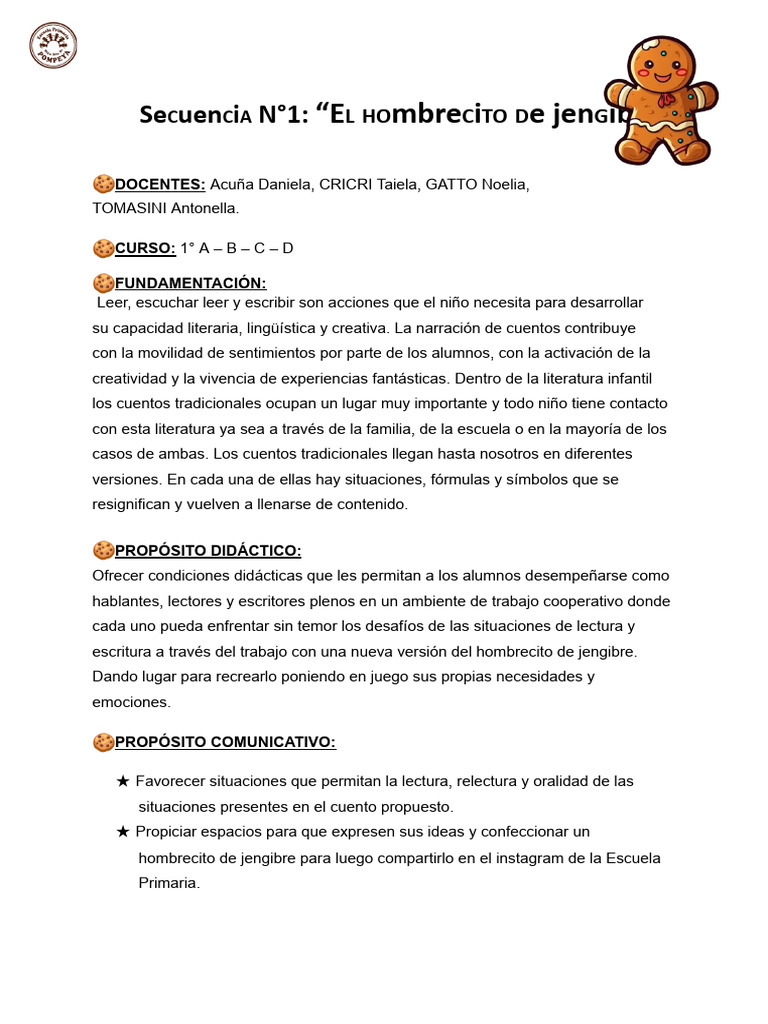 SECUENCIA 1 - El Hombrecito de Jengibre (1° A B C D) | PDF | Galleta