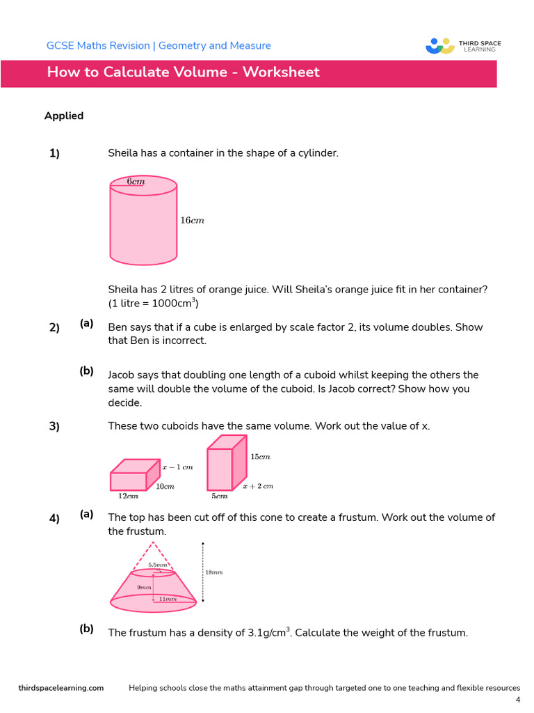 How To Calculate Volume GCSE Worksheet | PDF | Volume | Geometric Objects