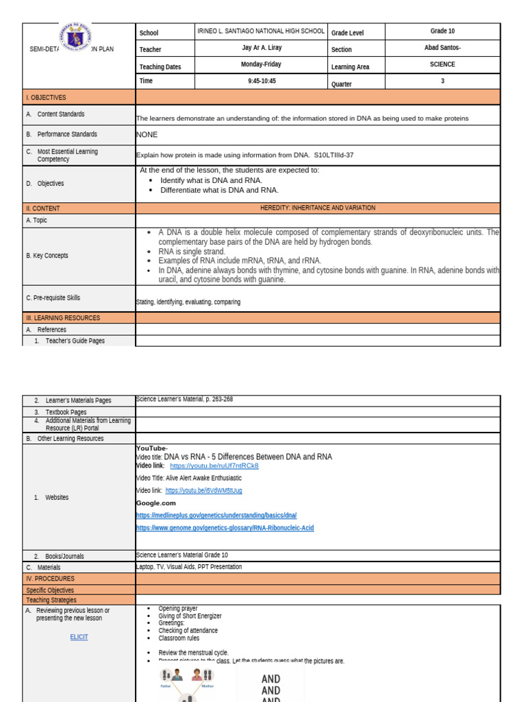 Grade 10 DNA and RNA Lesson Plan | PDF | Dna | Rna