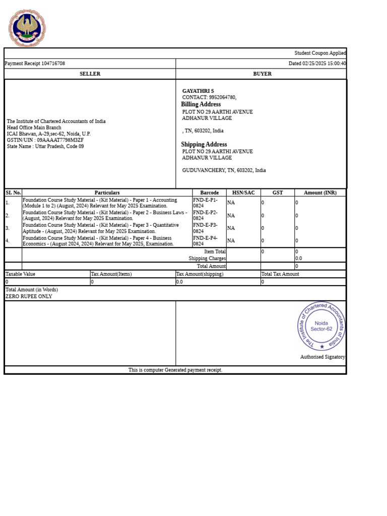 Payment Receipt for ICAI Study Materials | PDF | Receipt | Taxation