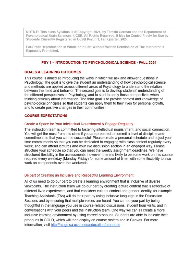 PSY1 F24 Syllabus and Class Schedule Version 1.0 | PDF | Quiz | Lecture