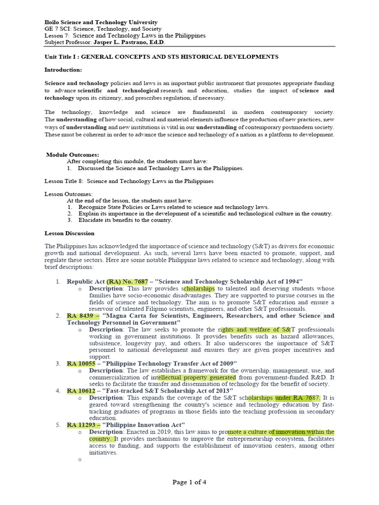 Lesson 8 STS Science and Technology Laws in The Philippines | PDF | Science | Science ...