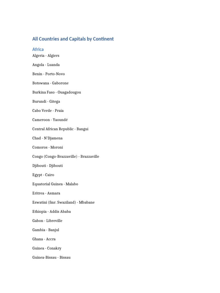 Countries and Capitals by Continent | PDF | Africa | South America
