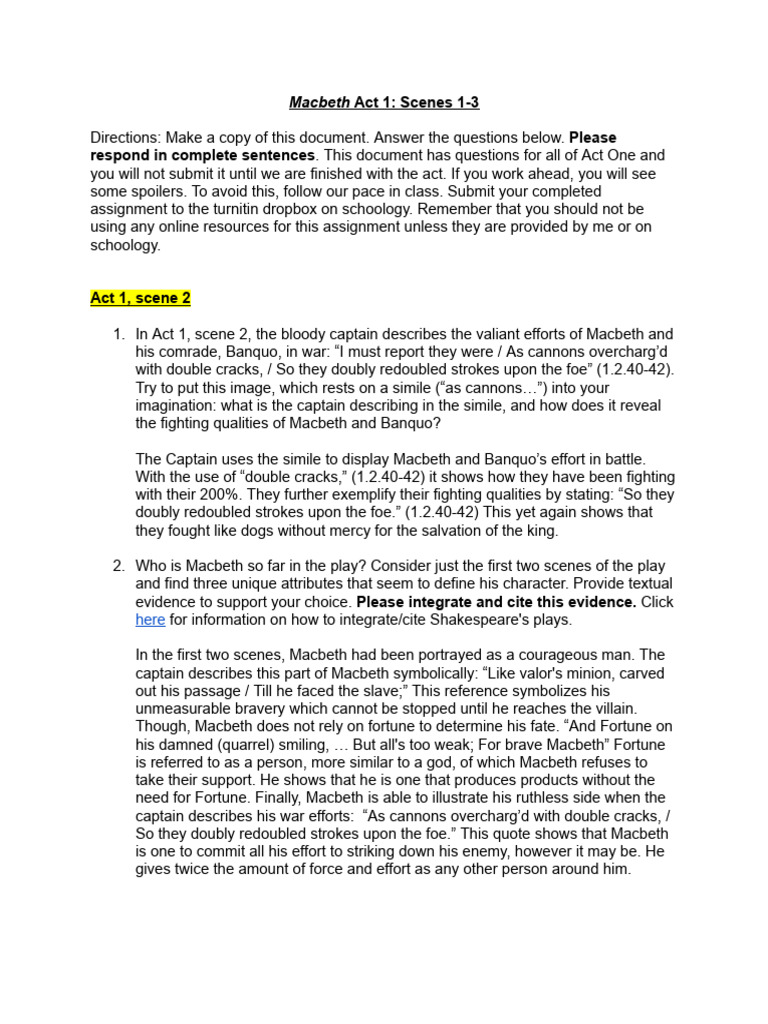 Macbeth 1.1-7 Questions | PDF | Macbeth | Shakespearean Tragedies