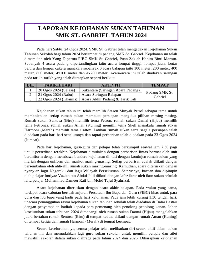 Dokumentasi Kejohanan Sukan Tahunan SMK ST Gabriel 2024 | PDF