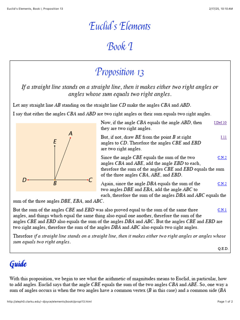 Euclid's Elements: Book I, Prop 13 | PDF | Theorem | Angle