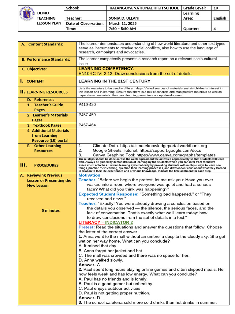 Grade 10 English Lesson Plan on Conclusions | PDF | Learning | Knowledge