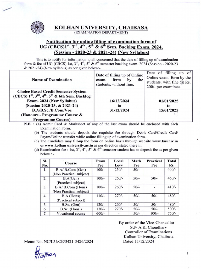 Form Fillup of UG 1st, 3rd, 4th, 5th & 6th Sem Backlog Exam 2024 (New Syllabus) | PDF