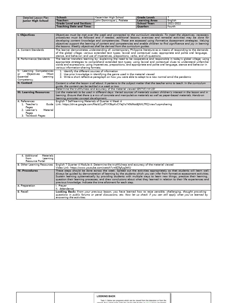 Detailed Lesson Plan for English 7 | PDF | Learning | Curriculum