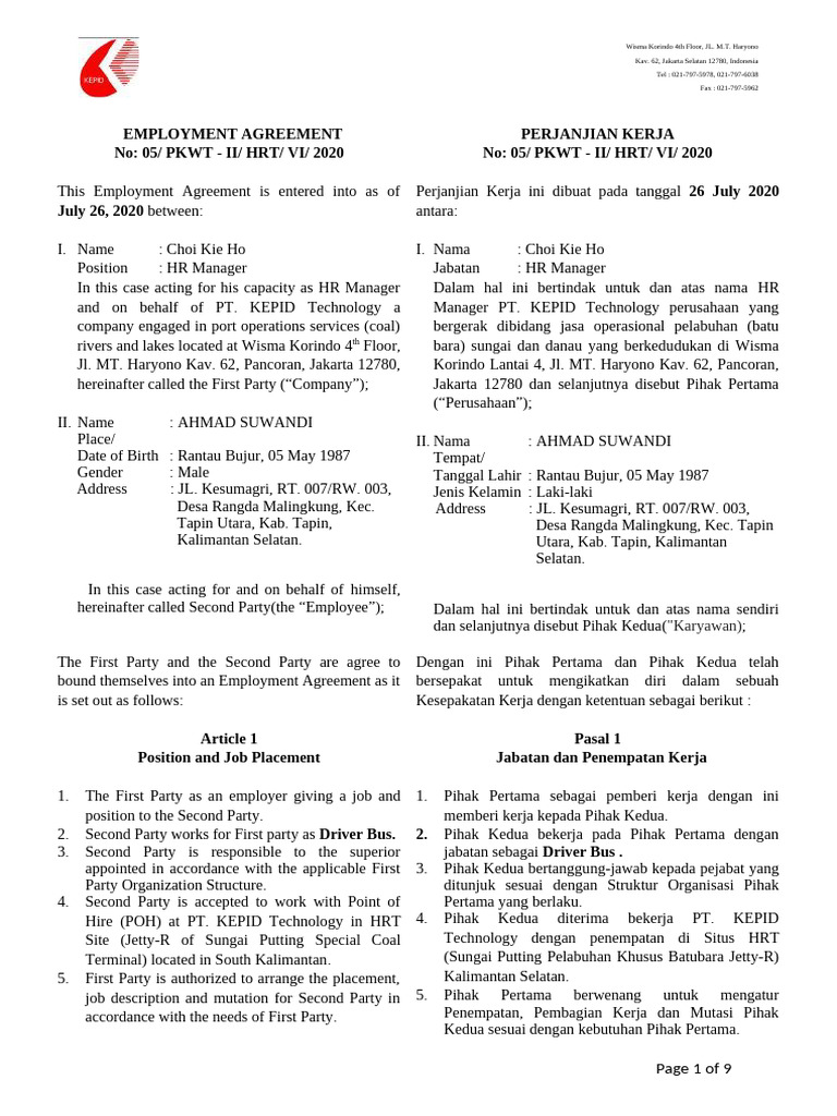 PKWT II Agreement-HRT - Suwandi - 20200706 | PDF