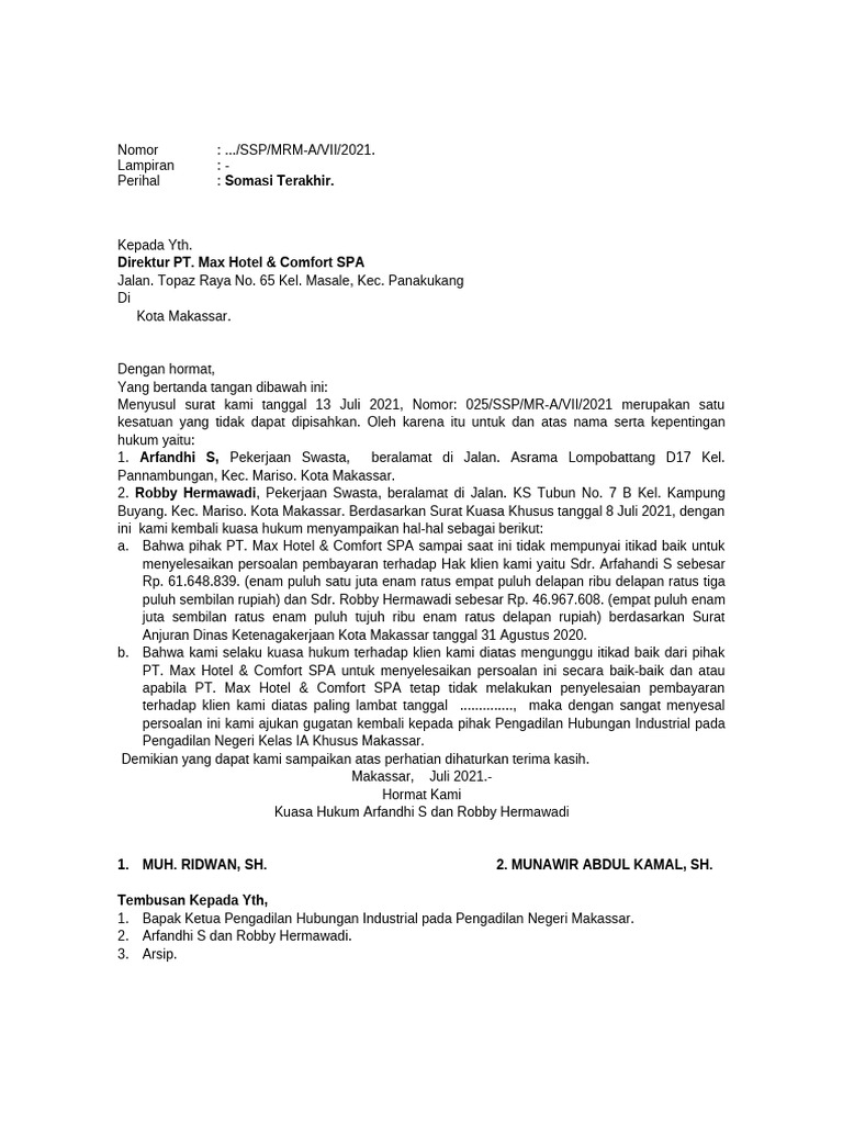 Somasi II & Terakhir PT Comfort | PDF