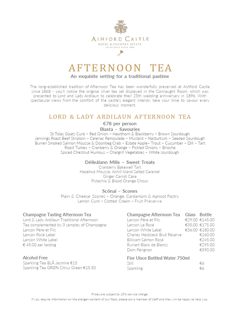 Ashford Castle Afternoon Tea Menu | PDF | Champagne | Tea