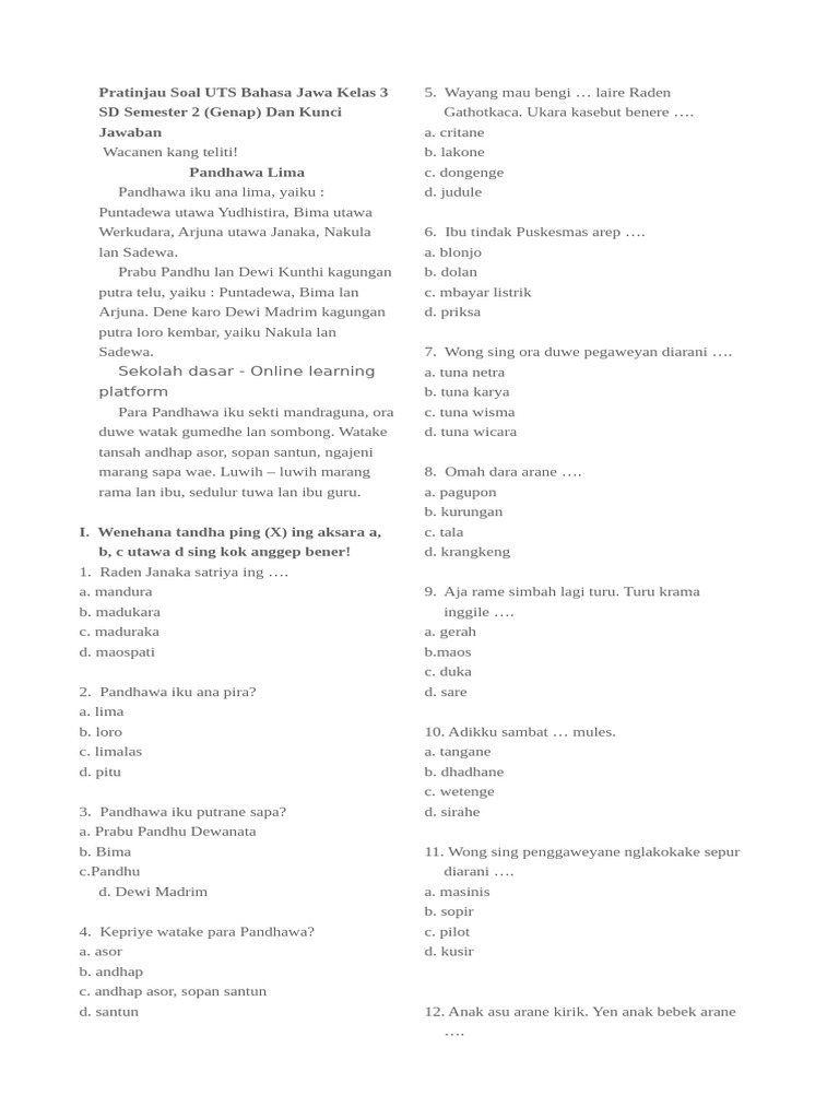 Soal UTS Bahasa Jawa Kelas 3 SD Semester 2 | PDF