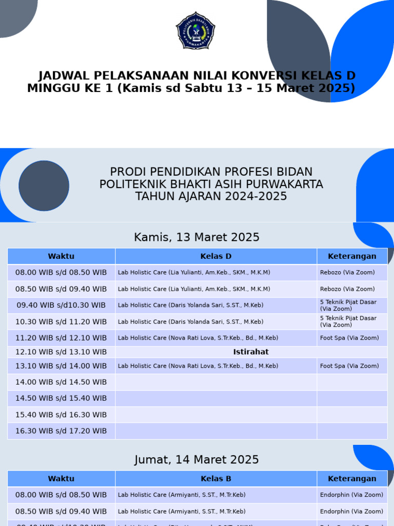Jadwal Kamis SD Sabtu 13 - 15 Maret 2025 Profesi Tangerang 5 Gel 2 Lab | PDF