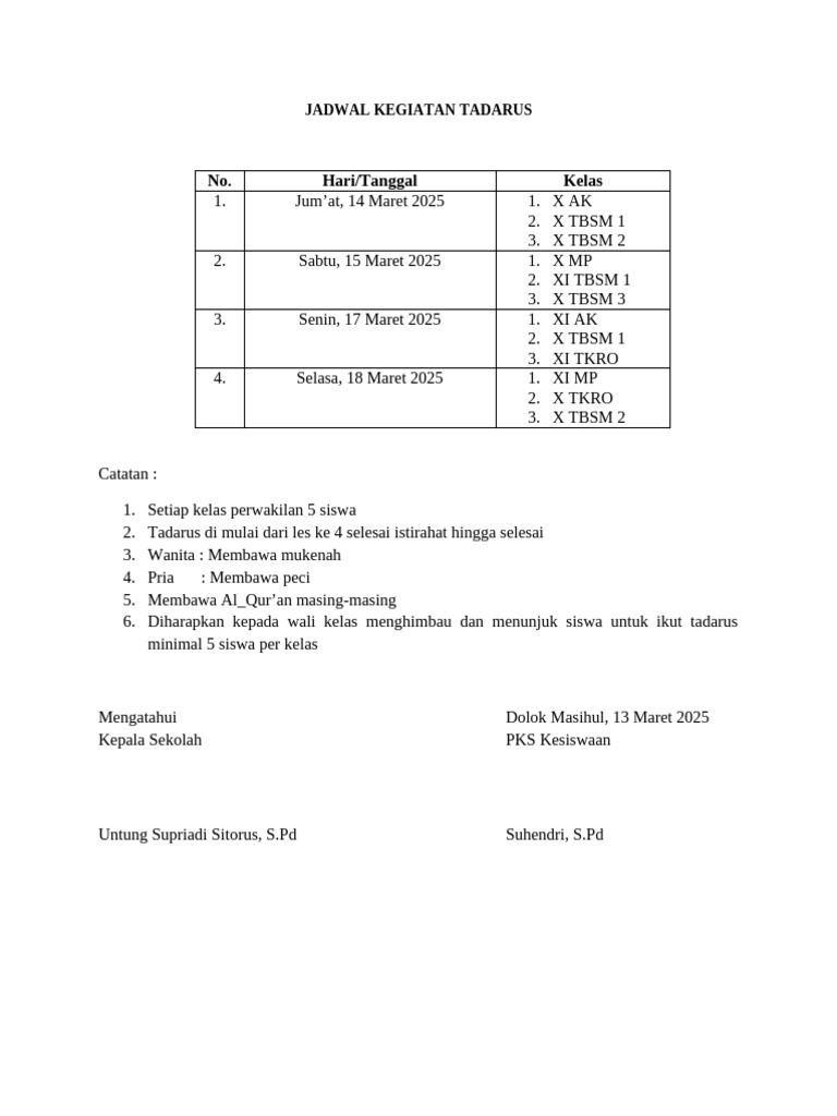 Jadwal Kegiatan Tadarus | PDF