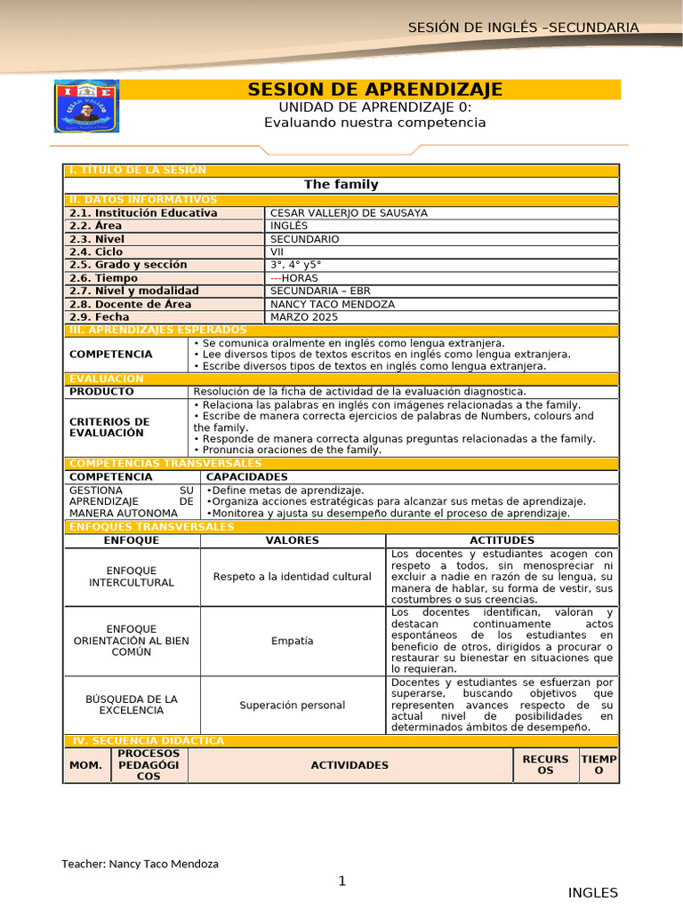 Sesion Actv o - Ingles 2025 | PDF | Evaluación | Aprendizaje