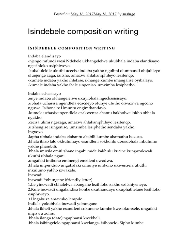 Isindebele Composition Writing - Zim Isindebele Learners | PDF ...