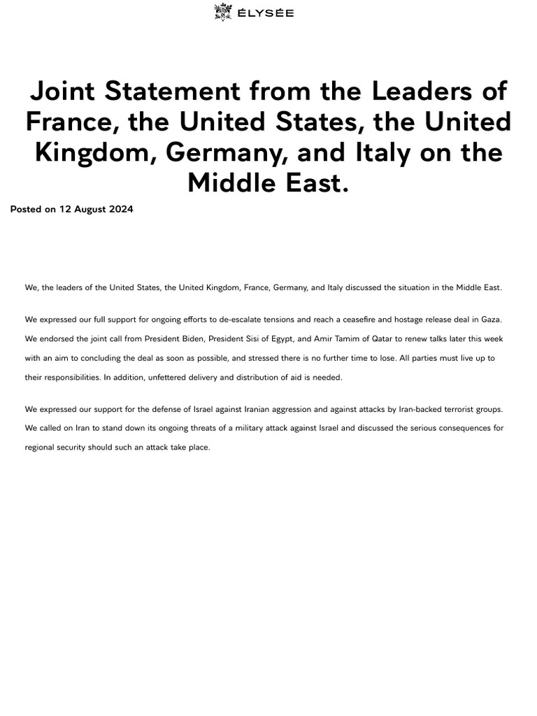 Joint Statement from the Leaders of France, the United States, the ...