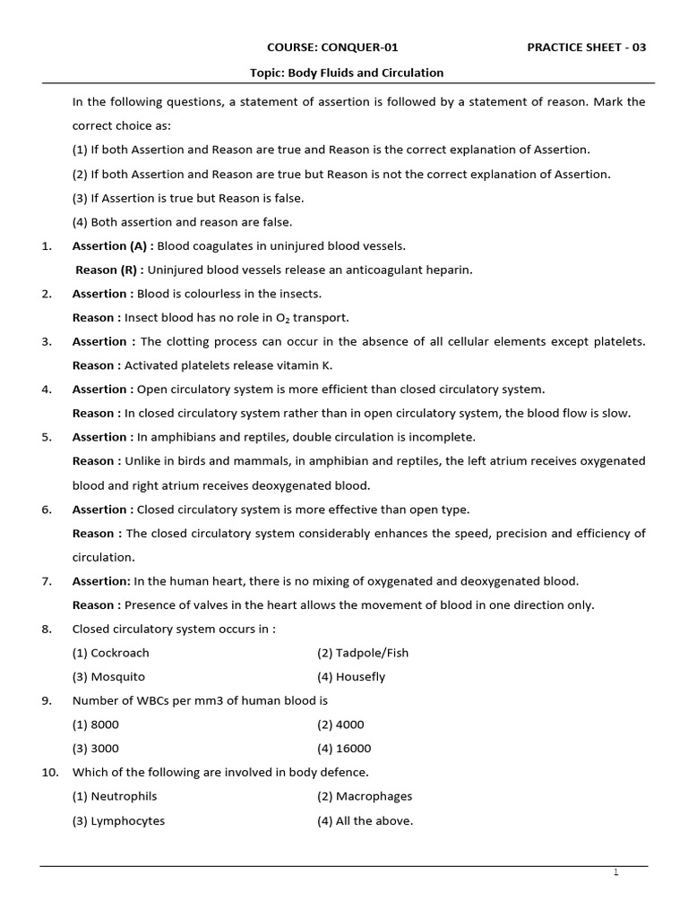 Assertion-Reason Questions on Circulation | PDF | Circulatory System ...