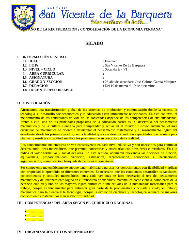 Modelo Silabo ESCOLAR PRE SVB | PDF | Matemáticas | Pensamiento