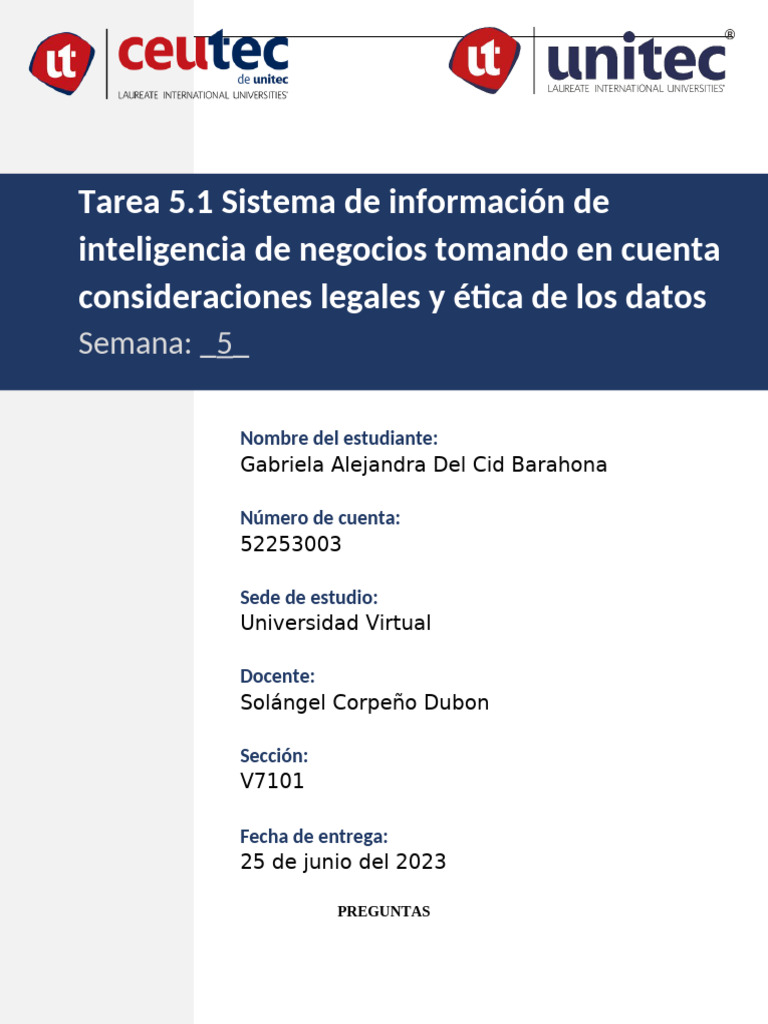 Tareas 5.1 Sistema de Informaci N de Inteligencia de Negocios Tomando en Cuenta Consideraciones ...