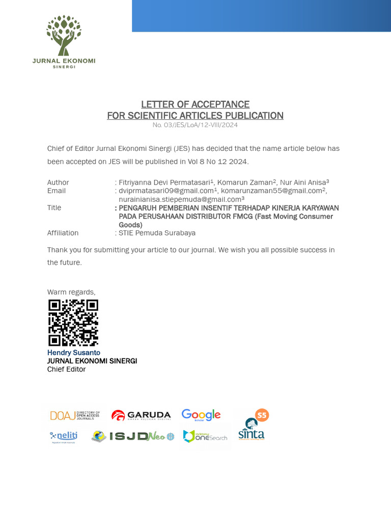 Letter of Acceptance For Scientific Articles Publication: No. 03/Jes/Loa/12-Viii/2024 | PDF