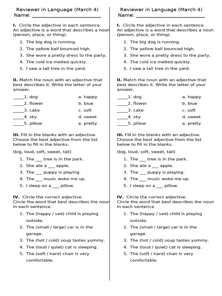 Adjective Review Worksheet | PDF | Adjective | Noun