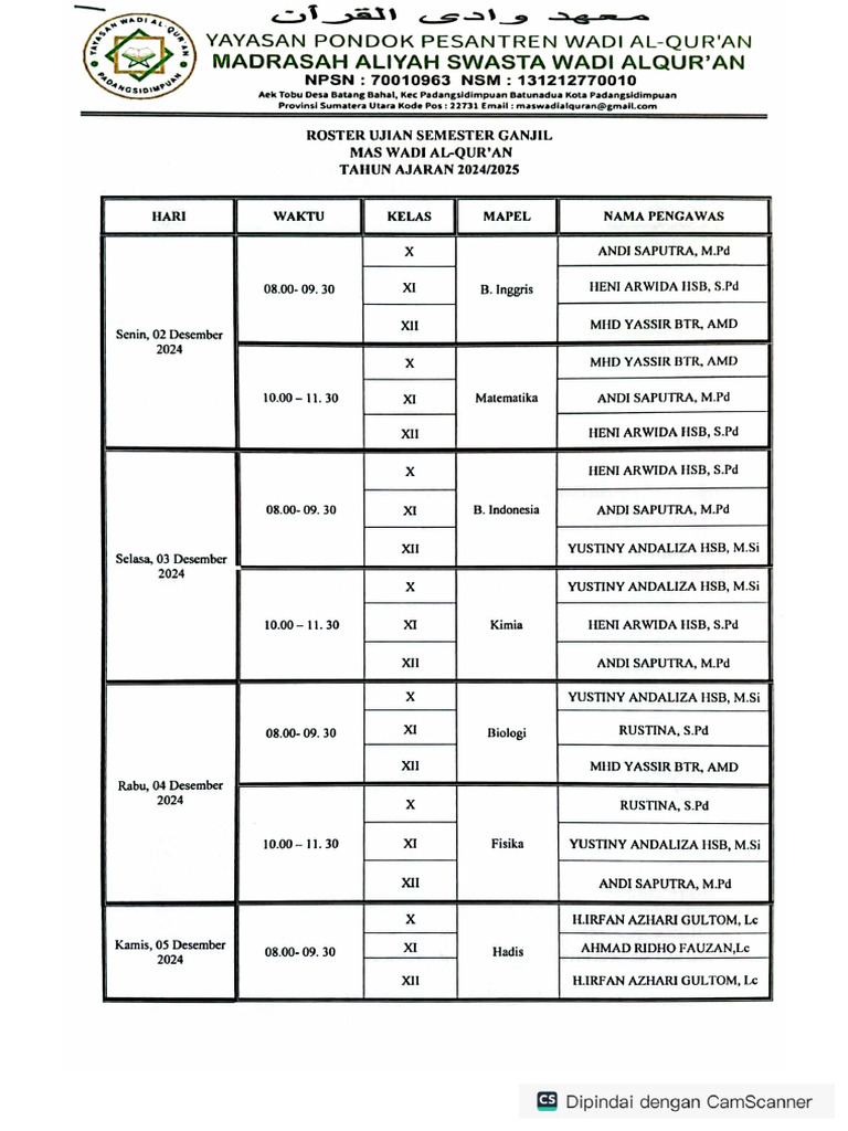 Roster Ujian Semester Ganjil MAS Wadi Al-Qur'an 2024 | PDF