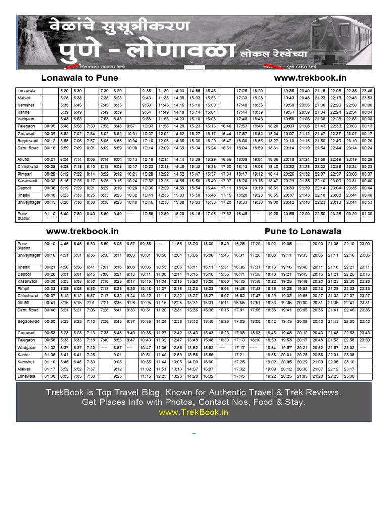 New Pune Lonawala Local Train Timetable Trekbook | PDF