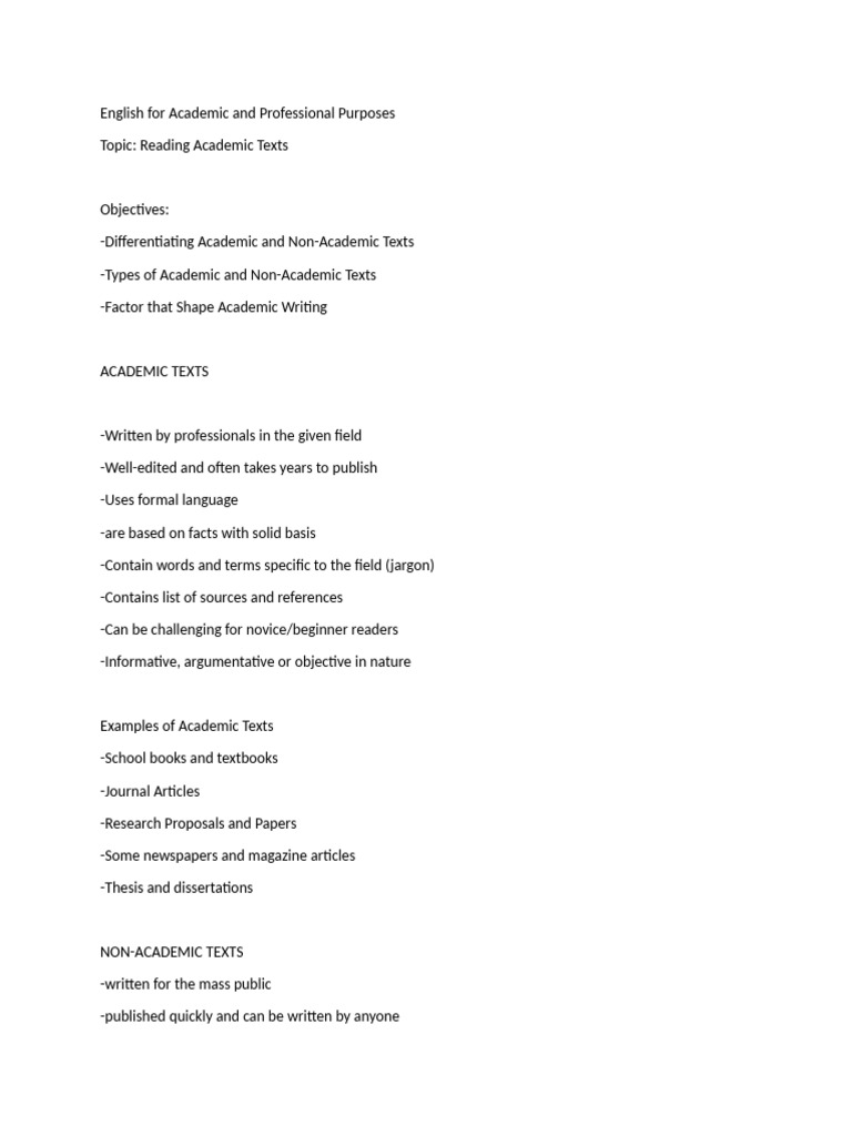 Academic vs. Non-Academic Texts Guide | PDF