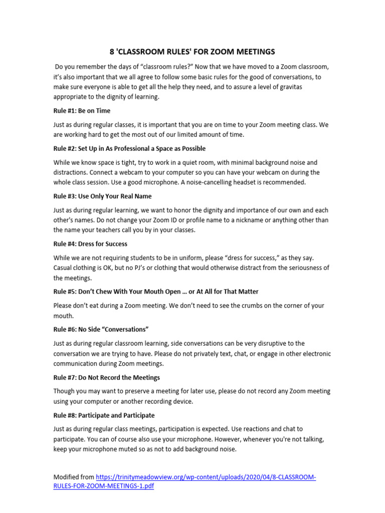 8 Classroom Rules For Zoom Meetings | PDF