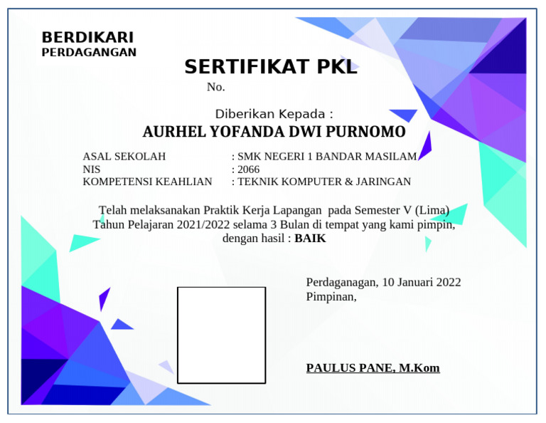 contoh sertifikat pkl | PDF
