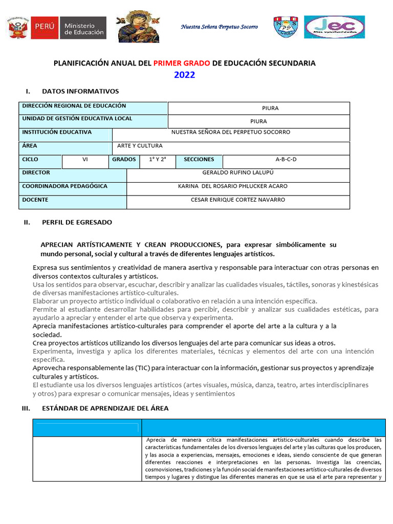 Planificación Anual de Primero y Segundo Grado de Educación Secundaria 2022 | PDF | Aprendizaje ...