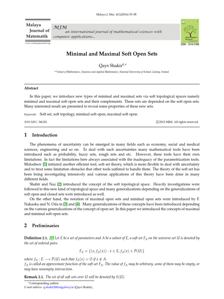 Minimal and Maximal Soft Open Sets | PDF | Mathematics | Topology