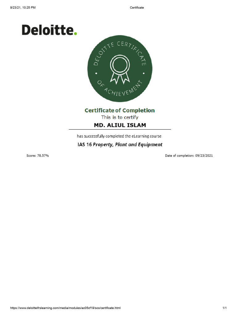 Deloitte Certificate On IAS 16 | PDF