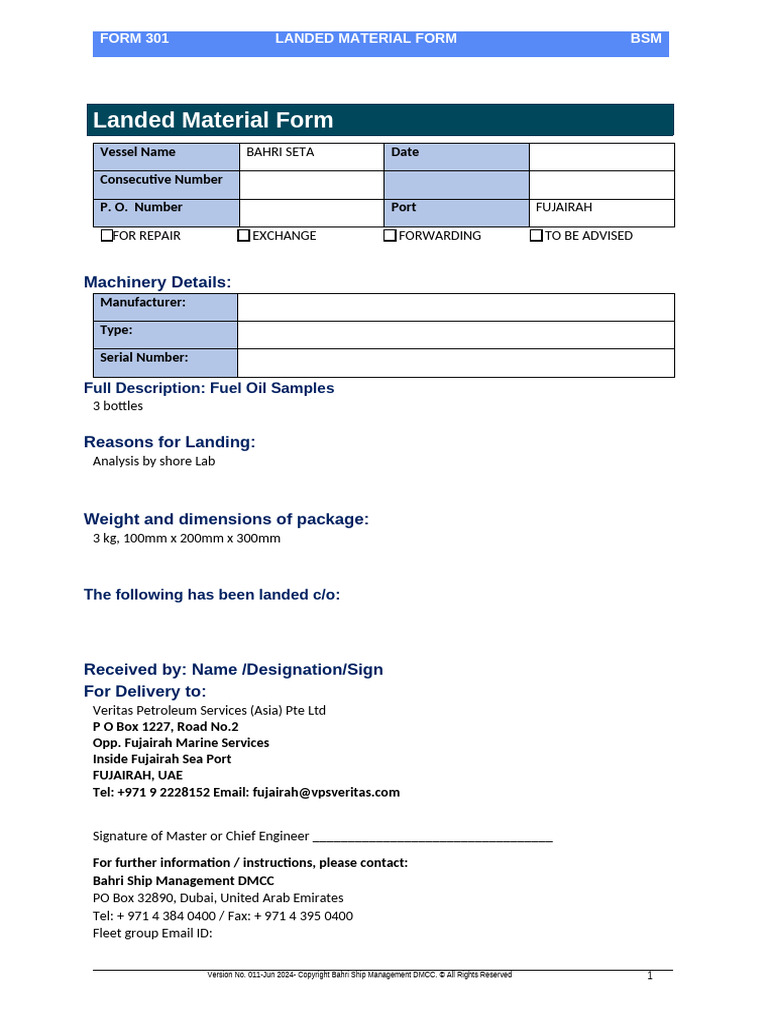 4 Form 301 - Landed Materials Form - FO System Check - Fujairah | PDF