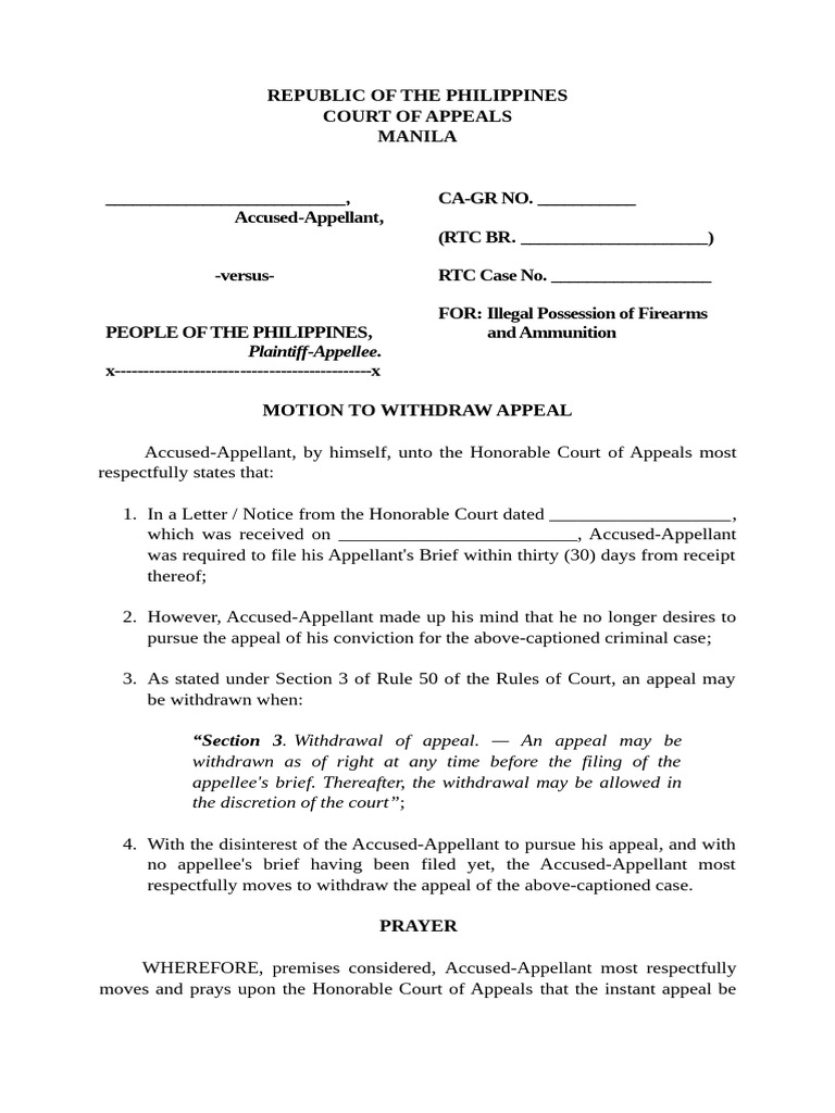 MOTION TO WITHDRAW APPEAL Sample | PDF | Appeal | Government Institutions