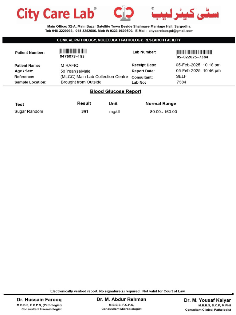 Blood Glucose Report for M Rafiq | PDF