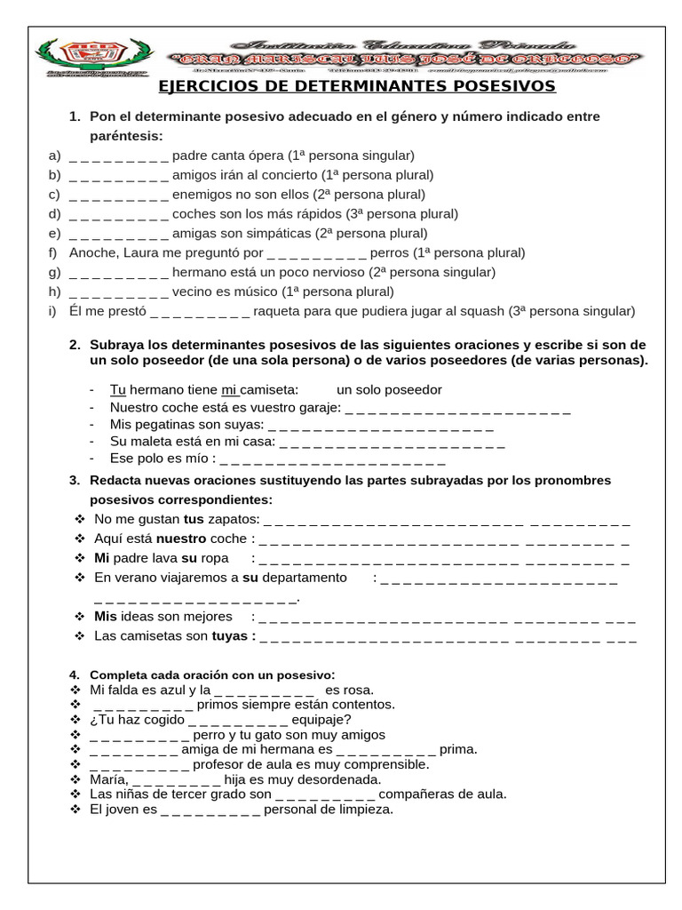 Ejercicios de Determinantes Posesivos | PDF | Mecánica del lenguaje ...