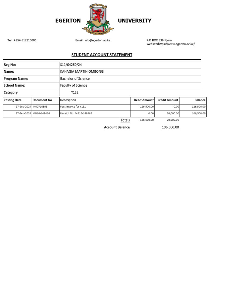 Egerton University Student Account Statement | PDF