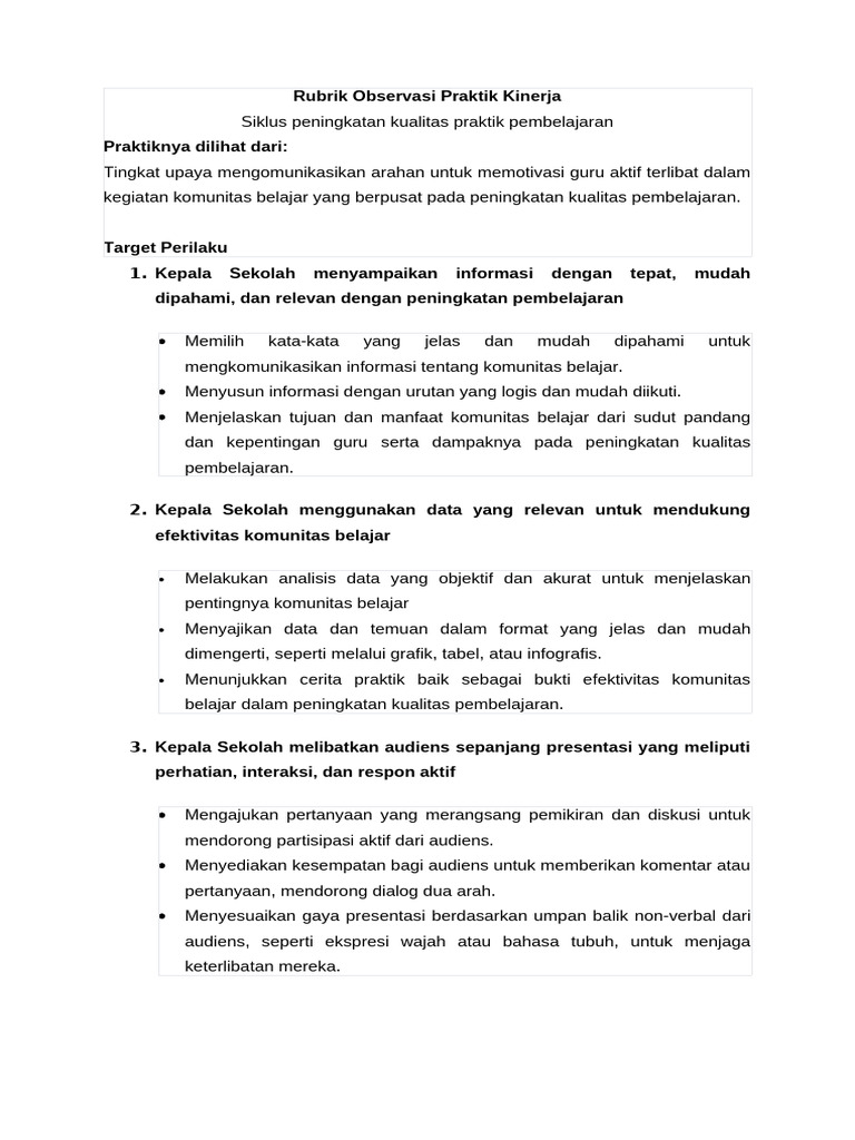 Rubrik Observasi Praktik Kinerja Bu Yuli 2025 | PDF